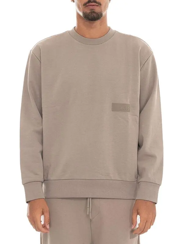 BOSS Regular Fit Crewneck Cotton-blend Jumper With Tonal Logo - Mud