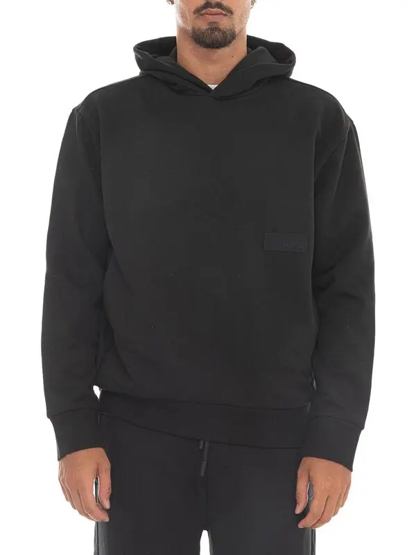 BOSS Relaxed Fit Cotton Hoodie With Tonal Logo - Black