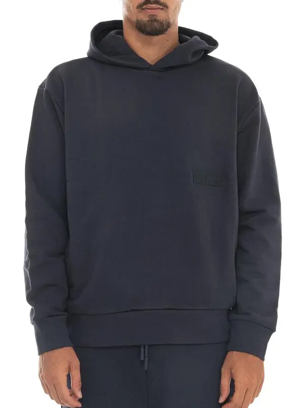 BOSS Relaxed Fit Cotton Hoodie With Tonal Logo - Blue