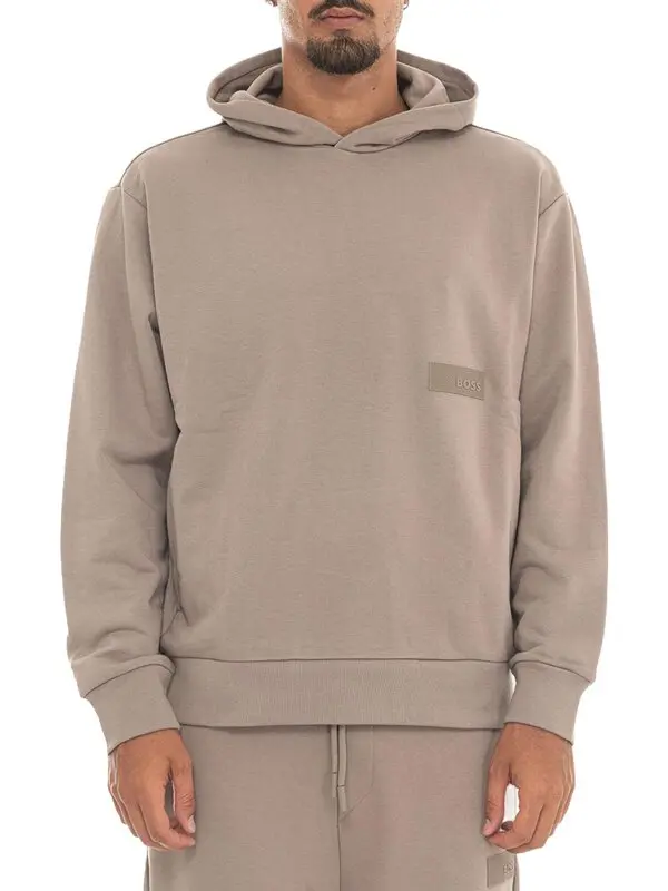 BOSS Relaxed Fit Cotton Hoodie With Tonal Logo - Mud