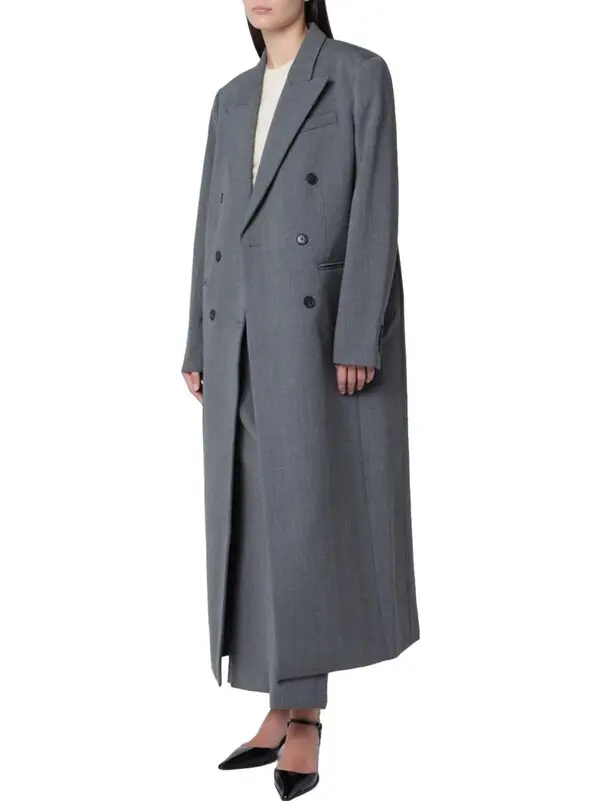 Almada Label Double-breasted Long Wool And Cashmere Blend Coat With Peak Lapels - Grey