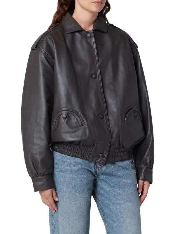 BLAZÉ MILANO Relaxed Fit Leather Bomber Jacket With Epaulettes - Ebony