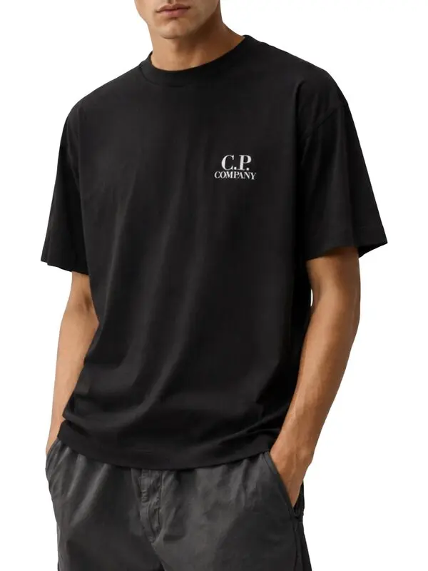C.P. COMPANY Crew Neck Cotton T-shirt With Contrast Logo Print And Dropped Shoulders - Black