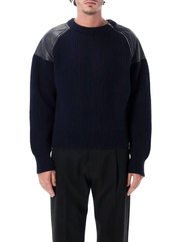 Bottega Veneta Ribbed Knit Sweater With Leather Shoulder Details - Blu