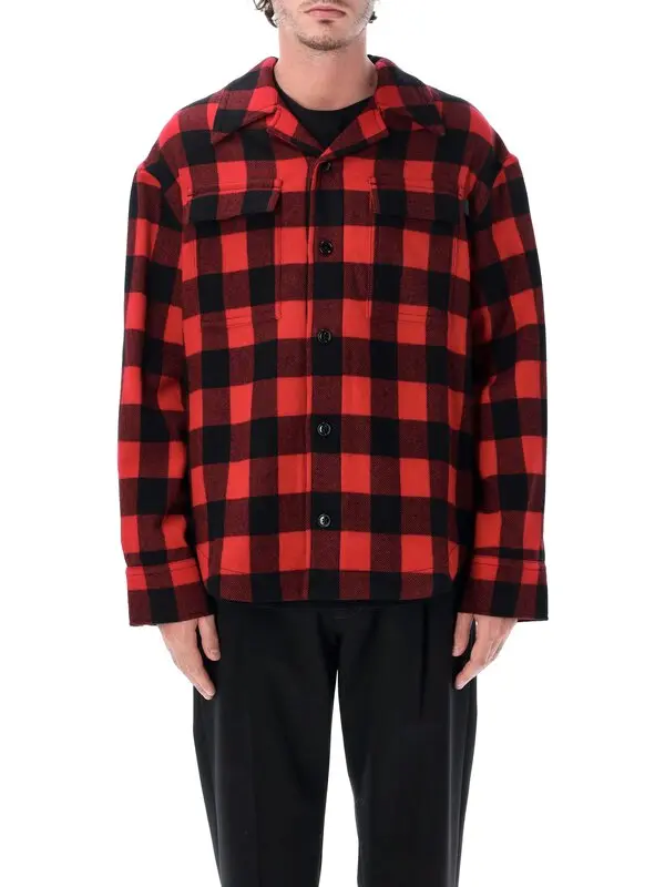 AMI Paris Checkered Wool Overshirt With Shark Collar & Horn Buttons - Nero