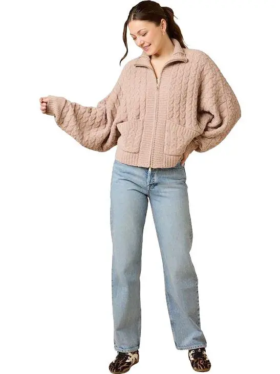 SOFTIES Cable Knit Marshmallow Funnel Neck Double Zip Jacket - Coco