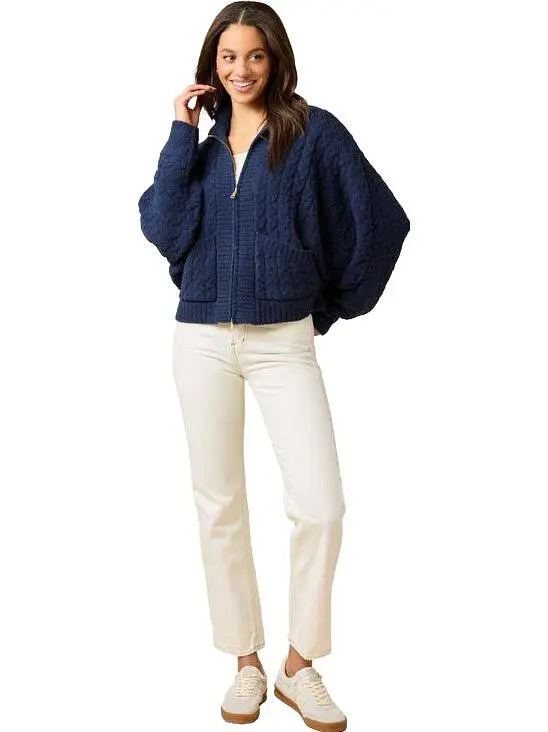 SOFTIES Cable Knit Marshmallow Funnel Neck Double Zip Jacket - Midnight
