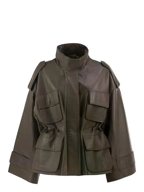 LOU ANDREA Cargo-pocket High-collar Leather Jacket - Brown