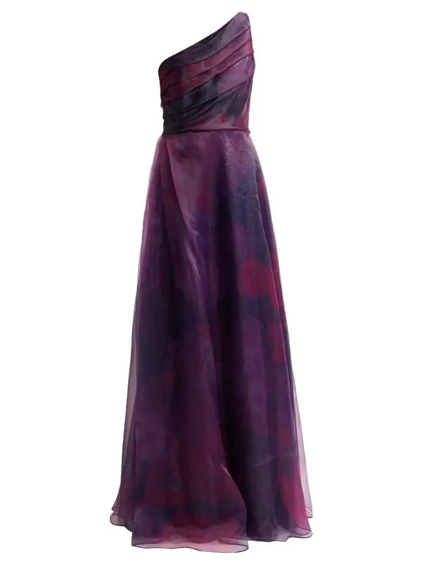Rene Ruiz Collection Floral Pleated One-shoulder Gown - Wine