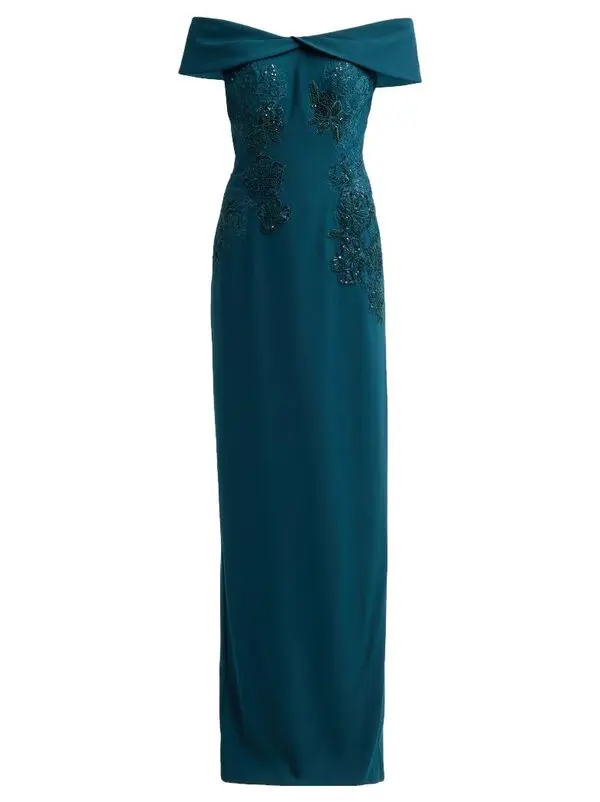 Rene Ruiz Collection Embroidered Off-the-shoulder Column Gown - Dark Emerald