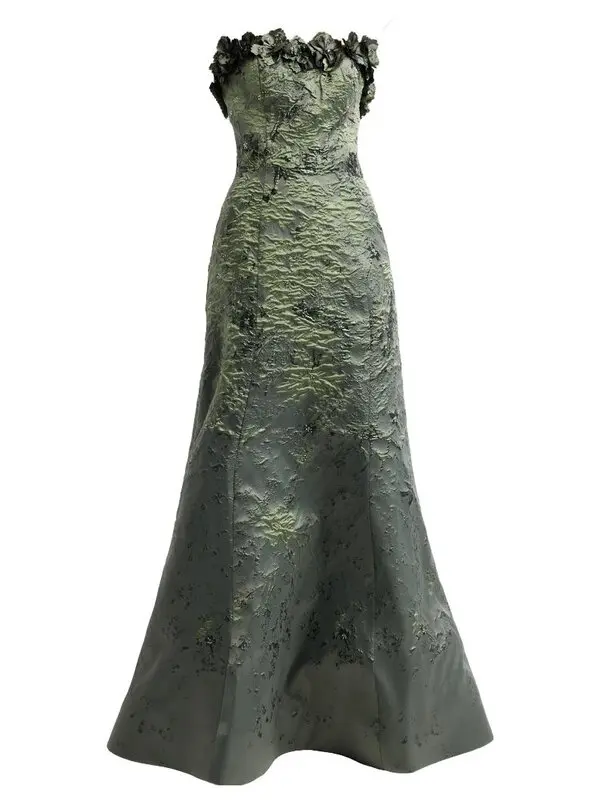 Rene Ruiz Collection Jacquard Floral Appliqué Mermaid Gown - Sage