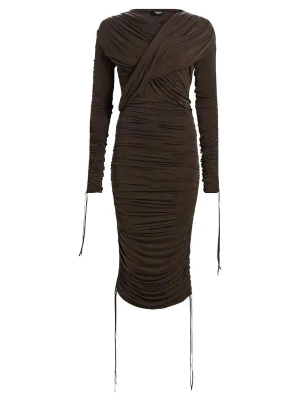 Balmain Draped Jersey Midi-dress - Brown
