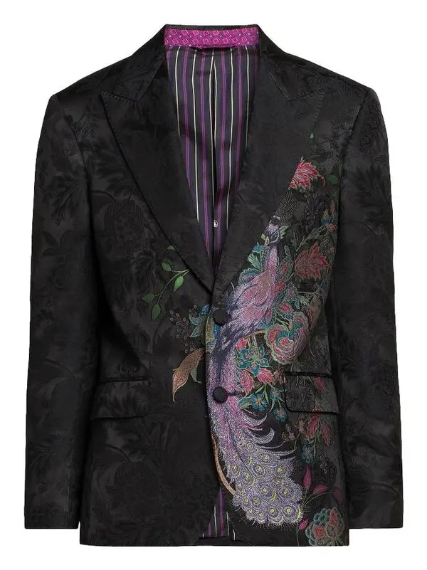 Etro Peacock Wool Blend Blazer - Multicolor Black Base