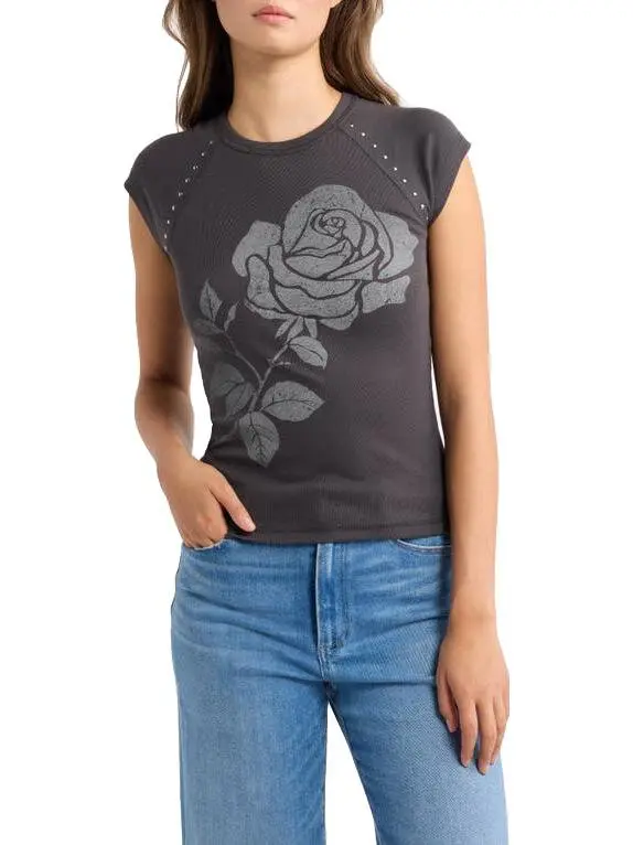 VINYL ICONS Rose Graphic Studded Raglan T-shirt - Phantom