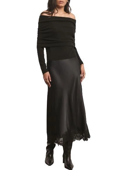 Mint Velvet Satin Lace Trim Maxi Skirt - Black