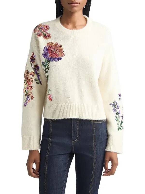 Cinq À Sept Esmerine Embellished Floral Sweater - Ivory/multi