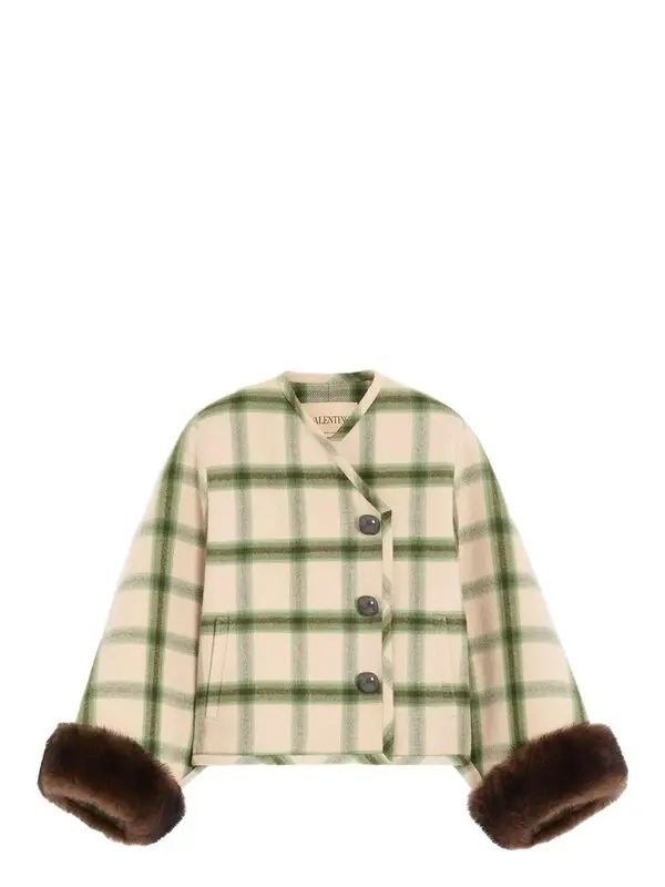 Valentino Garavani Peacoat In Green Macro Check With Shearling - Multi