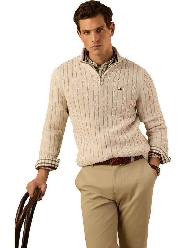 Holland Cooper Cable Quarter Zip Knit - Stone