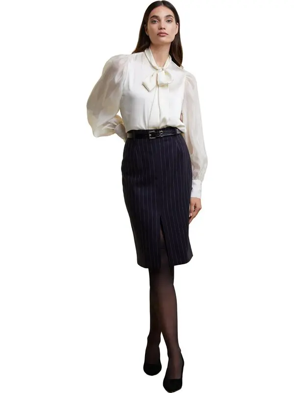 Holland Cooper Mayfair Pencil Skirt Chalk Pinstripe - Navy