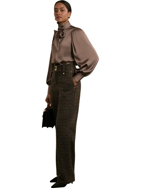 Holland Cooper High Waisted Straight Trouser Houndstooth - Chocolate
