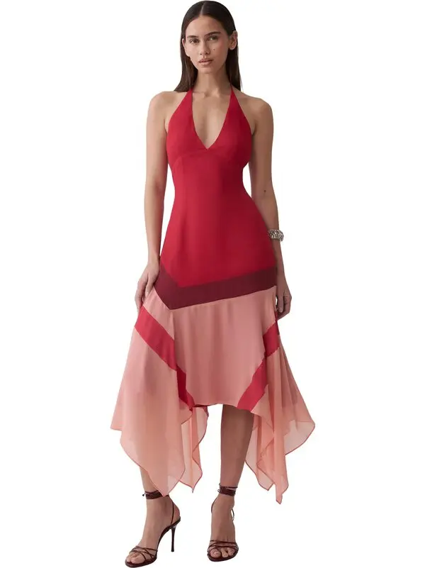 Meshki Bettina Chiffon Halter Neck Midi Dress - Red
