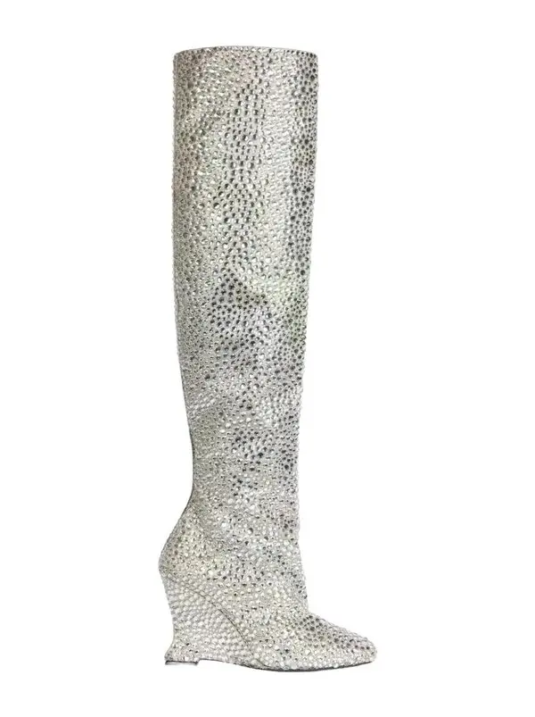 Balmain Wedge Thigh-high Satin Boots With Crystals - Silver