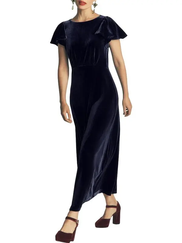 Boden Draped Sleeve Velvet Maxi Dress - Navy