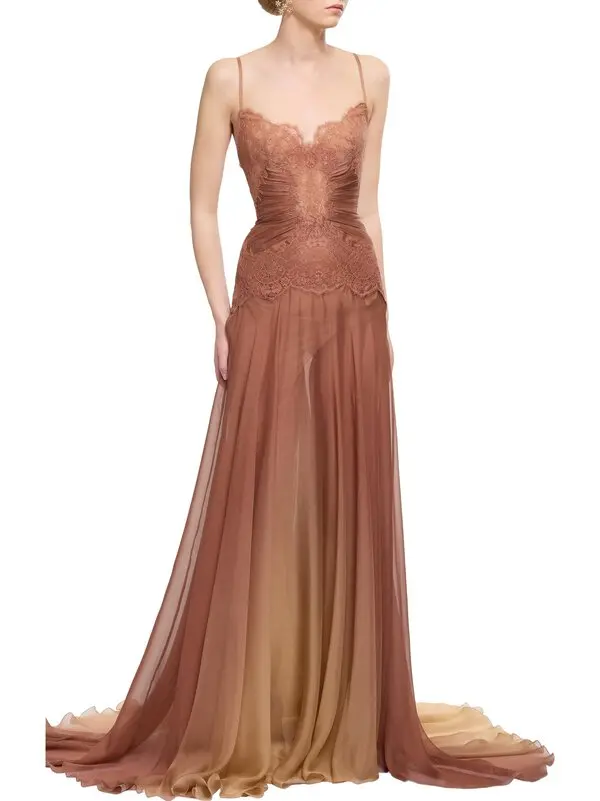 Elie Saab Gradient Chiffon & Lace Maxi Dress - Multi