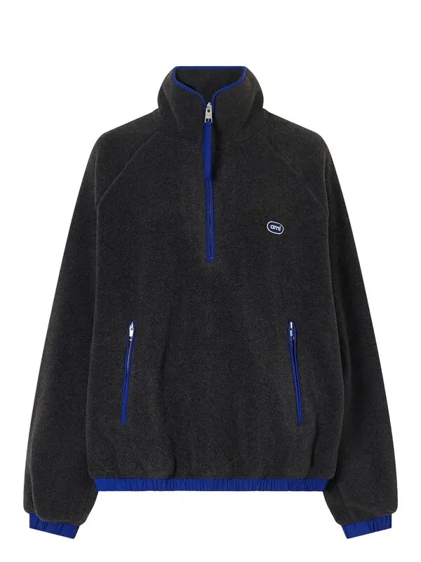AMI Paris Logo-embroidered Shell-trimmed Fleece Half-zip Jacket - Gray