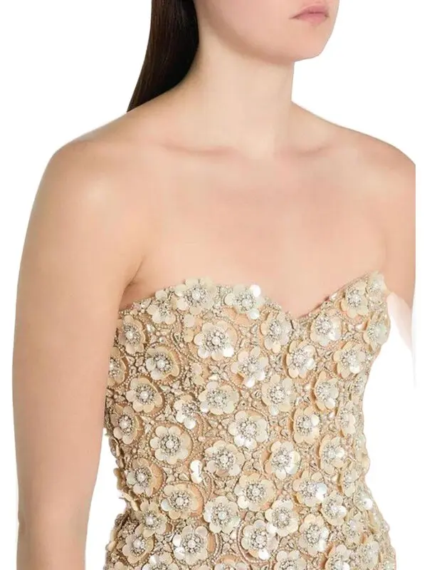 Oscar De La Renta Sweetheart Strapless Pearly Embroidered Column Gown - Silver
