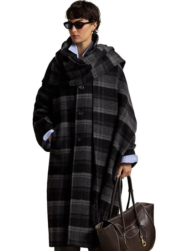 Ralph Lauren Plaid Wool Scarf-collar Coat - Grey Multi