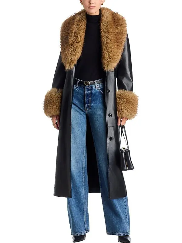 STAND STUDIO Estella Faux Leather Faux Fur Collar Belted Coat - Black/natural