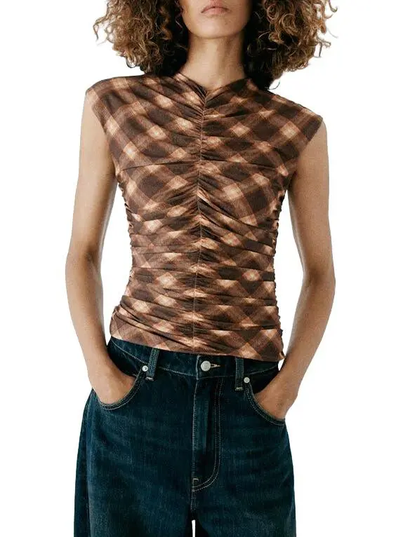 Mango Ruched Plaid Sleeveless Top - Brown