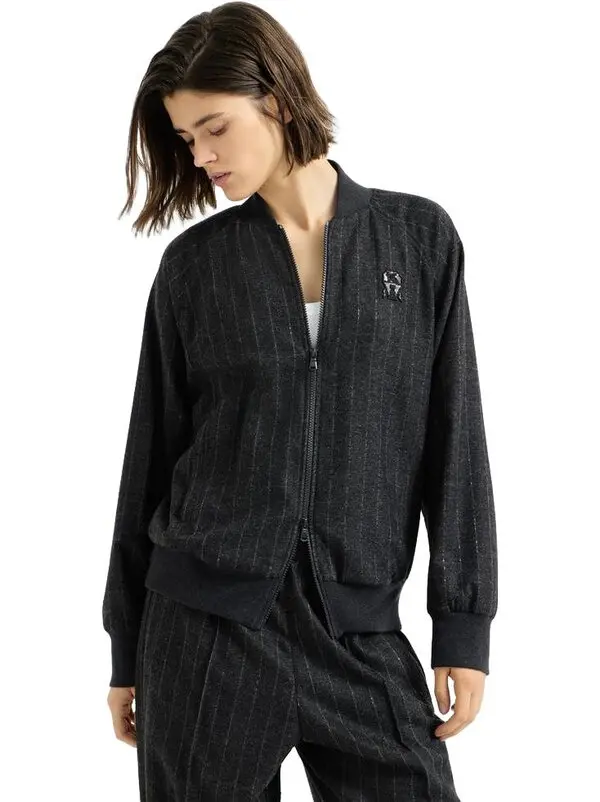 Brunello Cucinelli Comfort Virgin Wool Dazzling Chalk Stripe Sweatshirt With Logo - Anthracite