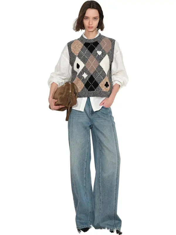 Fabrique Veronica Hand Embroidery Contrast Argyle Vest In Wool Blend - Grey