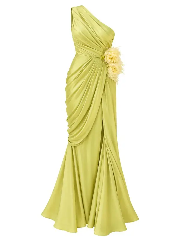 LA FUORI Moss Petal Draped Silk Maxi Dress - Green