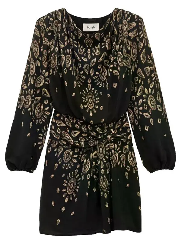Ba&sh Beona Abstract-print Draped Long-sleeved Mini Dress - Black
