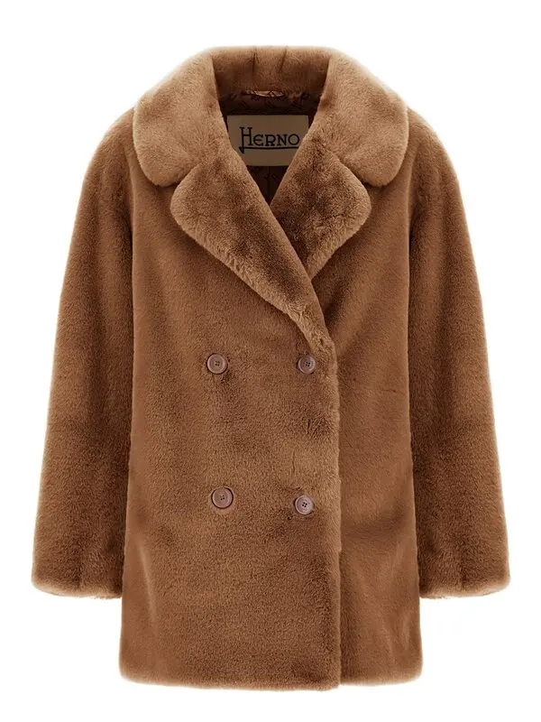 Herno Peacoat In Beaver-effect Fur-touch Fabric - Camel