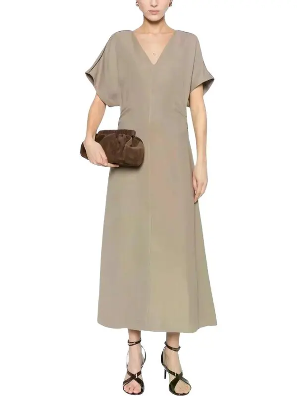Brunello Cucinelli Monili-trim V-neck Midi Dress - Neutrals