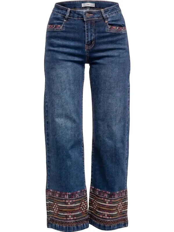 TANTRA SPAIN SL High-waisted Jeans With Ethnic Patterns On The Hem And Front Fockets - Blue