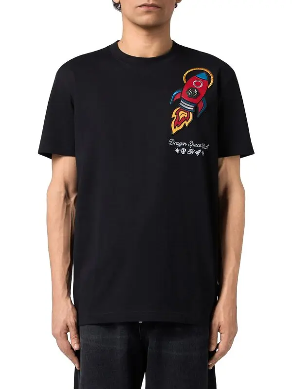 Philipp Plein Contrast Embroidered Logo Cotton T-shirt - Black