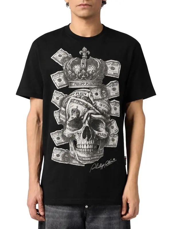 Philipp Plein Contrast Skull Print And Logo Cotton T-shirt - Black