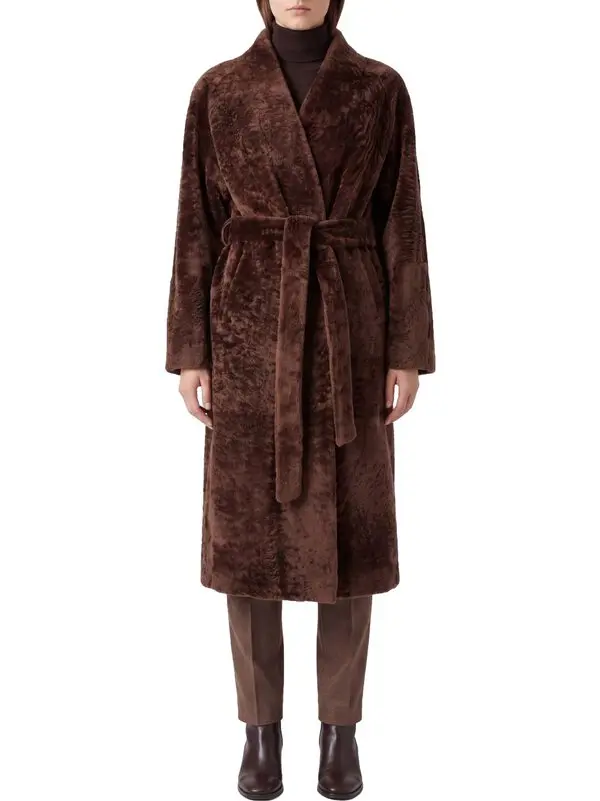 ARMA Long Shawl-collar Shearling Wrap Coat With A Tie-waist Belt - Brown