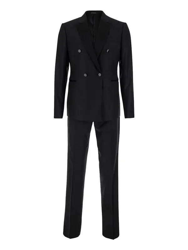 Emporio Armani Double-breasted Wool And Silk Blend Suit For Ceremonies With Classic Lapels - Black