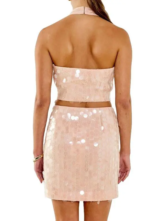 MARSY Sequin Fitted Halter Top - Blush