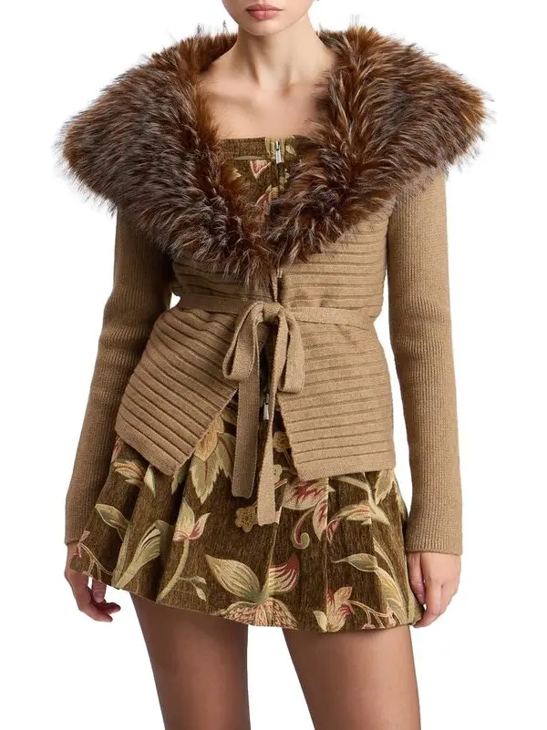 Avec Les Filles Faux Fur Collar Ribbed Cardigan - Camel