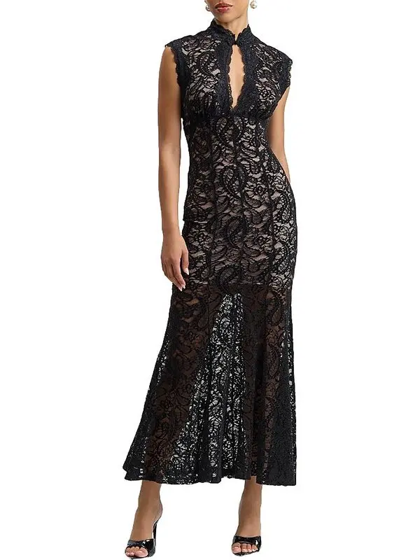 Avec Les Filles Lace Mandarin Collar Keyhole Maxi Dress - Black