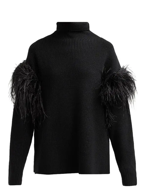 Lapointe Wool Feather-trimmed Turtleneck Sweater - Black