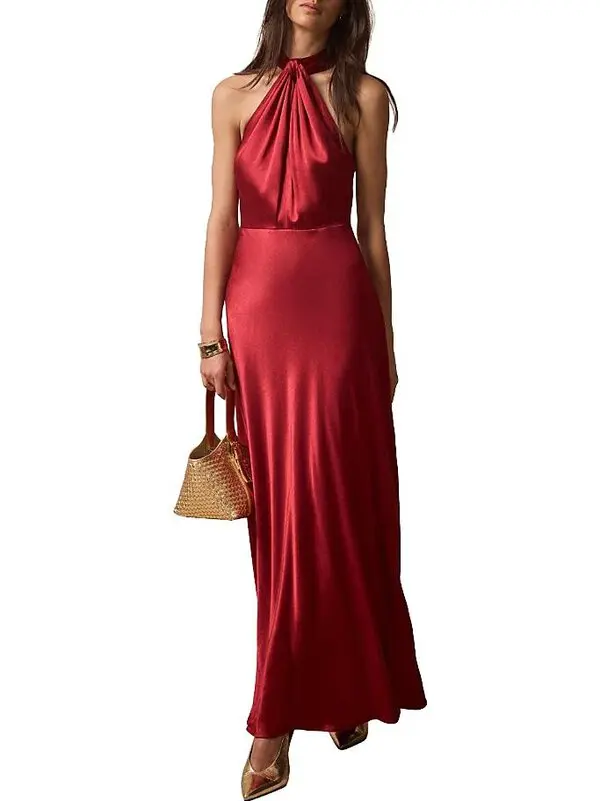Mint Velvet Satin Halter Midi Dress - Red