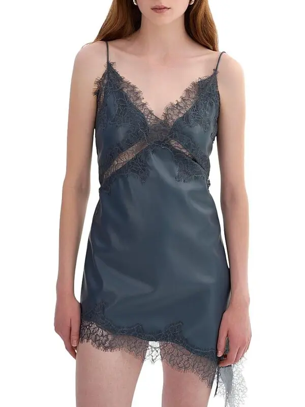 LAMARQUE Asymmetric Lace Trim Faux Leather Mini Dress - Graphite